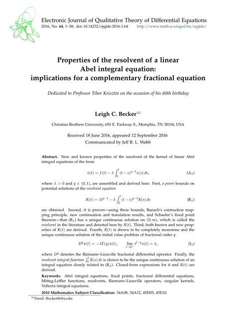 pdf properties of the resolvent of a linear abel integral equation implications for a