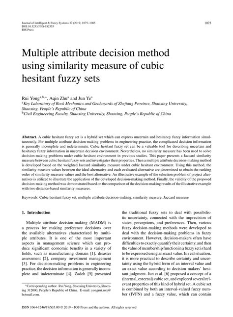 pdf multiple attribute decision method using similarity measure of cubic hesitant fuzzy sets