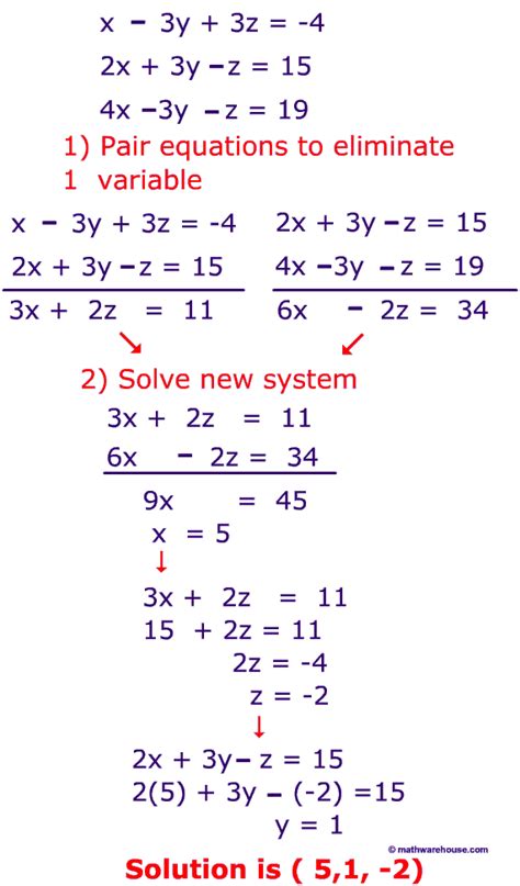 how to solve systems of 3 variable equations using elimination step by step