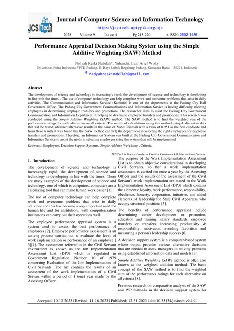 pdf performance appraisal decision making system using the simple additive weighting saw method