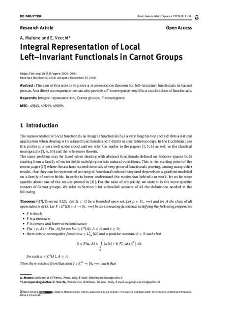 pdf integral representation of local left invariant functionals in carnot groups eugenio