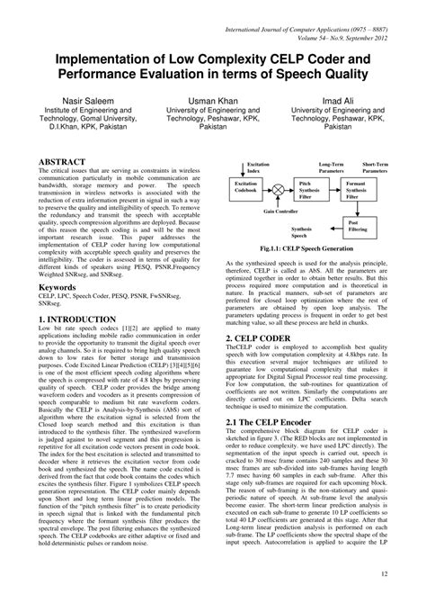 pdf implementation of low complexity celp coder and performance evaluation in terms of speech