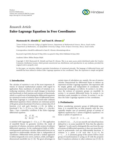 pdf euler‐lagrange equation in free coordinates
