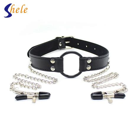 Black Pu Leather Silicone Open Mouth Gag Nipple Clamp O Ring Gag Head Harness Mouth Gagged Sex