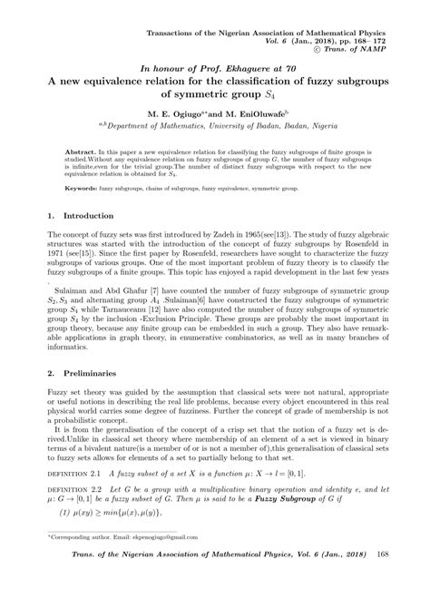 [pdf] a new equivalence relation for the classification of fuzzy subgroups of symmetric group s 4