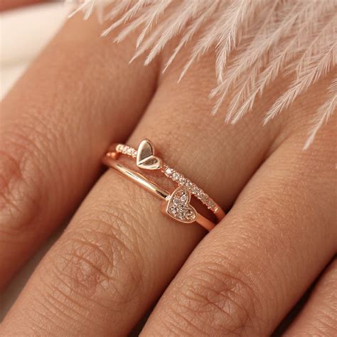 Cute Simple Double Crystal Heart Ring Fashion Jewelry For Women For Teen Girls Lindos Anillos