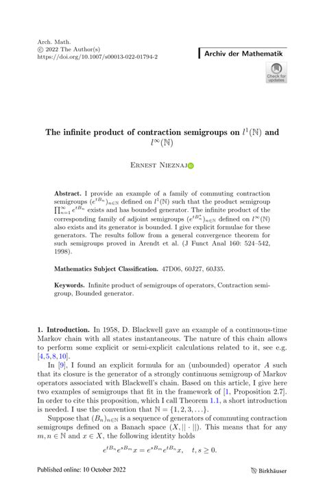 pdf the infinite product of contraction semigroups on l {1} { mathbb {n}} and l { infty