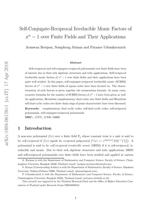 pdf self conjugate reciprocal irreducible monic factors of x n 1 over finite fields and