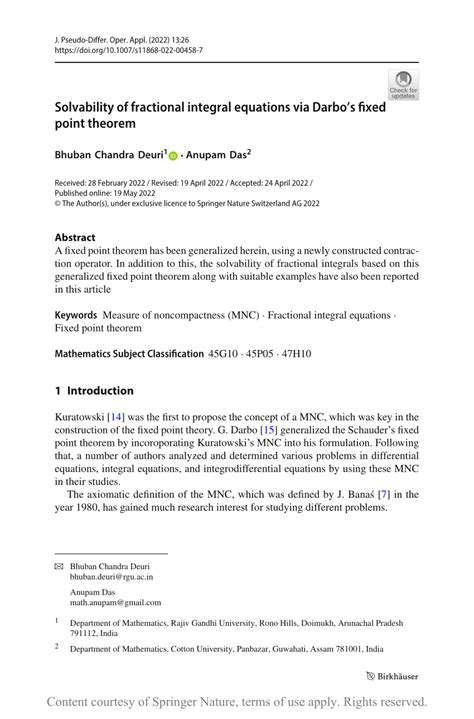 solvability of fractional integral equations via darbo s fixed point theorem request pdf