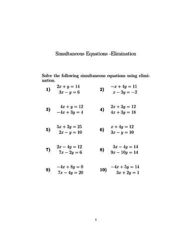 simultaneous equations grade 10 worksheet