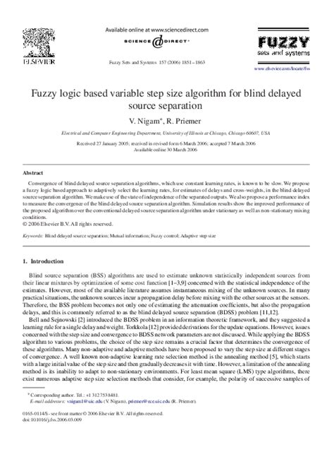 pdf fuzzy logic based variable step size algorithm for blind delayed source separation vivek