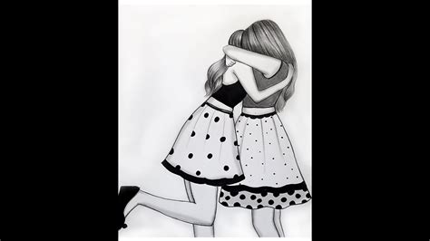 Best Friends Pencil Sketch Tutorial How To Draw Two Friends Hugging