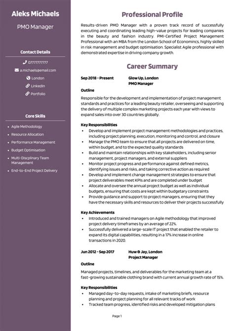 PMO Manager CV Example Guide Project Management Office 2023