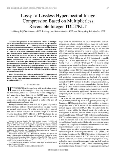 pdf lossy to lossless hyperspectral image compression based on multiplierless reversible