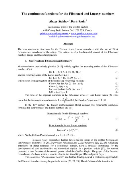 pdf the continuous functions for the fibonacci and lucas p numbers