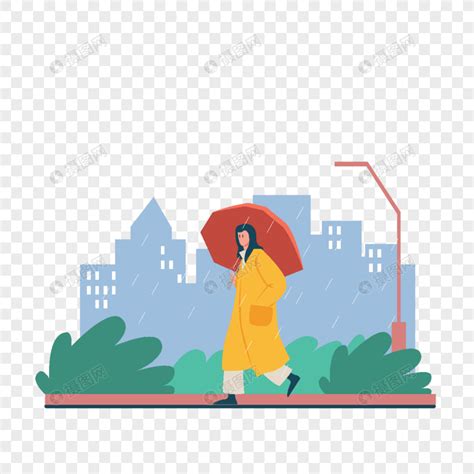 夜晚雨天打伞穿黄风衣的女人插画元素素材下载 正版素材402112380 摄图网
