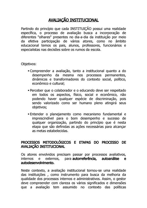 Avalia O Institucional Avalia O Institucional Partindo Do Princ Pio
