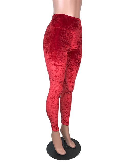 Red Crushed Velvet High Waisted Leggings Pants Rave Etsy