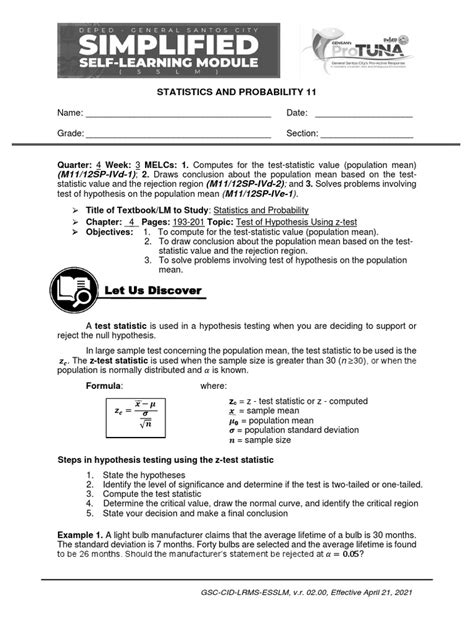 stat 11 q4 week 3 sslm pdf statistical hypothesis testing hypothesis