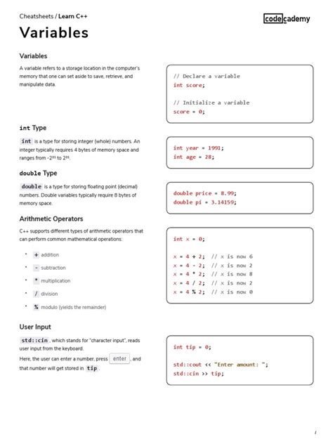 learn c variables cheatsheet codecademy pdf integer computer science boolean data type