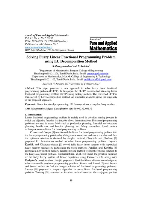 pdf solving fuzzy linear fractional programming problem using lu decomposition method