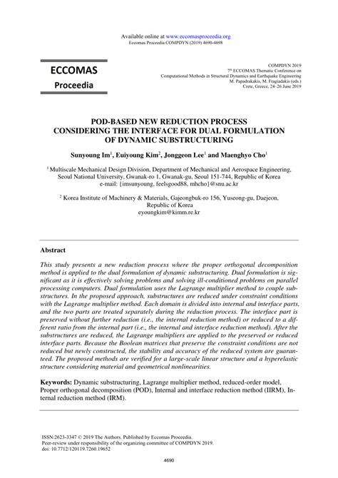 pdf pod based new reduction process considering the interface for dual formulation of dynamic