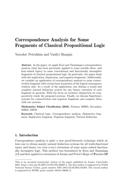 pdf correspondence analysis for some fragments of classical propositional logic