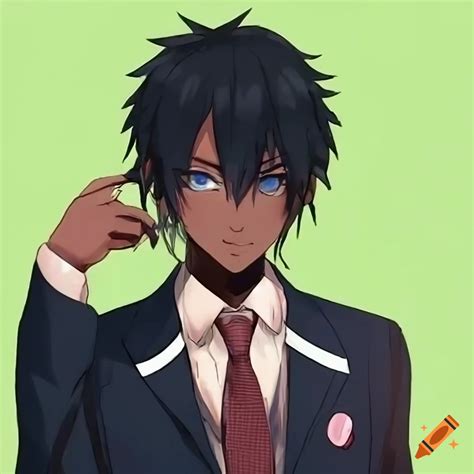 Anime Style Character With Dark Skin Black Hair And Blue Eyes On Craiyon
