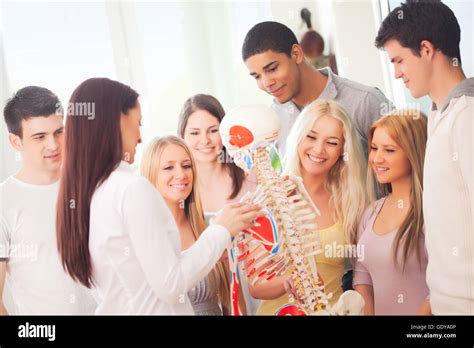 Anatomy Teacher And Her Students During A Lesson Stock Photo Alamy