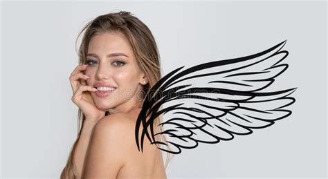 Valentines Day Banner Of Woman Angel With Wings Beautiful Smiling Woman With Naked Shoulder