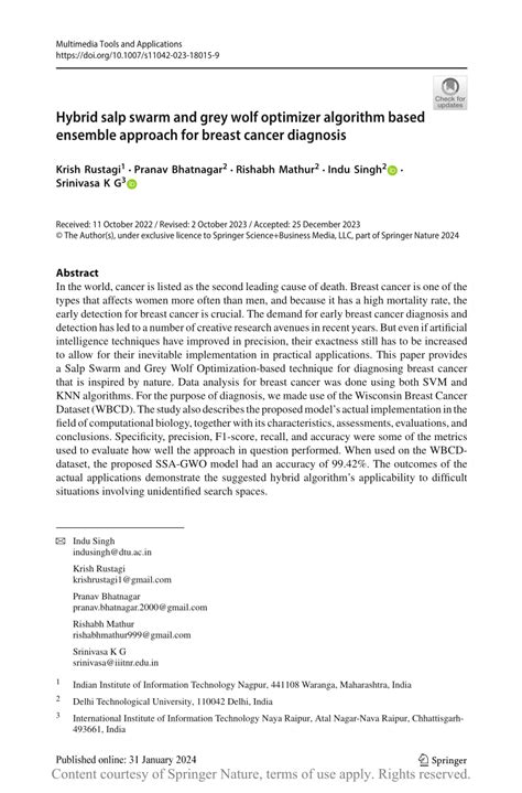 hybrid salp swarm and grey wolf optimizer algorithm based ensemble approach for breast cancer