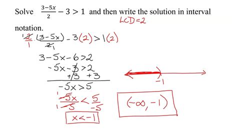 solve linear inequality with fractions graph and write solution in interval notation youtube