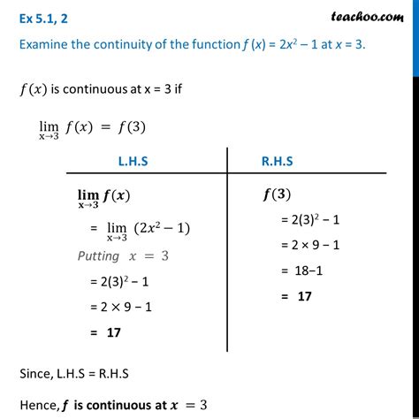 ex 5 1 2 examine continuity of f x 2x2 1 at x 3