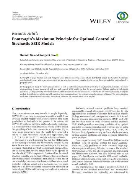 pdf pontryagin s maximum principle for optimal control of stochastic seir models