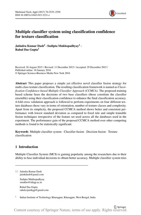 multiple classifier system using classification confidence for texture classification request pdf