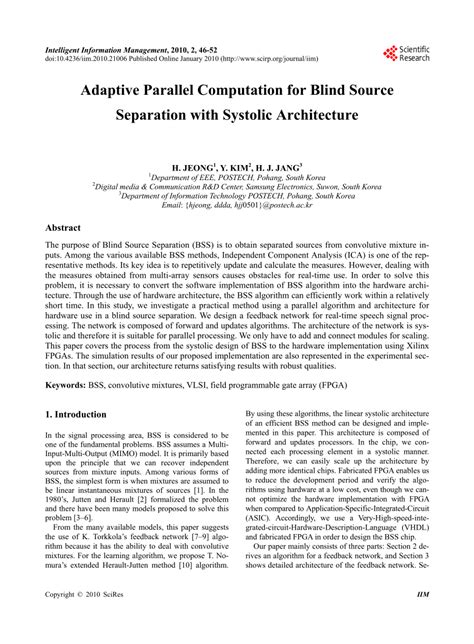 pdf adaptive parallel computation for blind source separation with systolic architecture