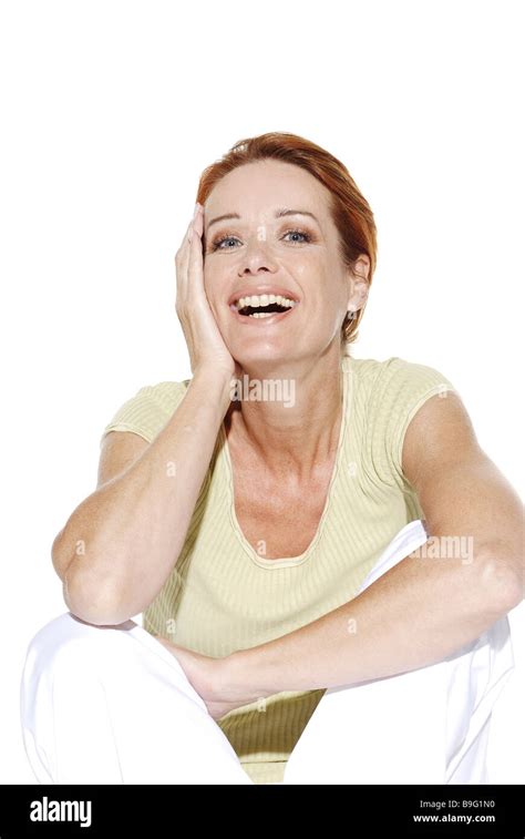 Woman Red Hairy Leisurewear Sitting Smiling Series People Head Resting Cheerfully Happily