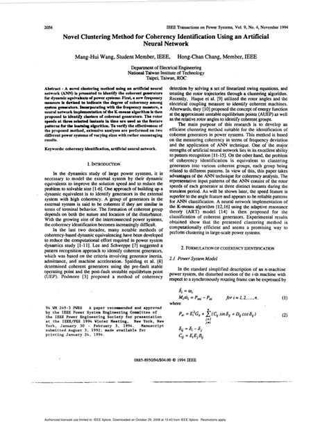 pdf novel clustering method for coherency identification using an artificial neural network