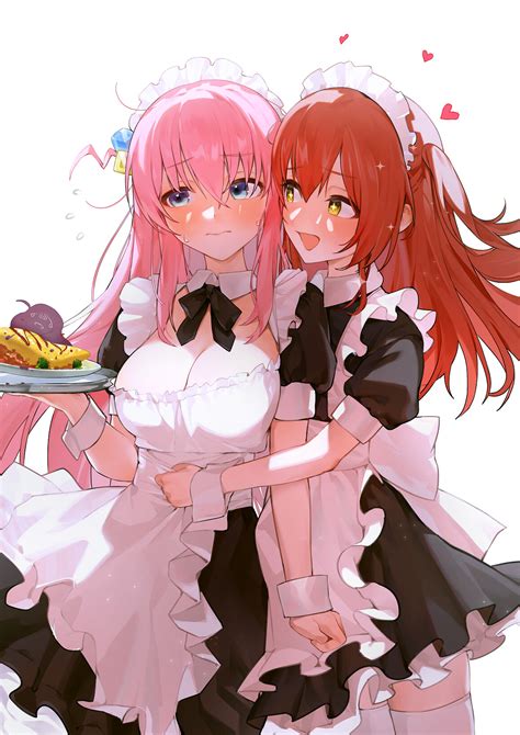 Boobs Two Women Cleavage Anime Maid Outfit Bocchi The Rock Food Blushing Heart Anime