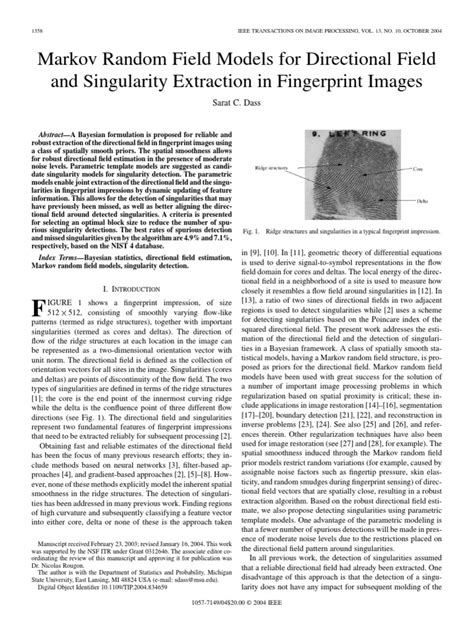 markov random field models for directional field and singularity extraction in fingerprint
