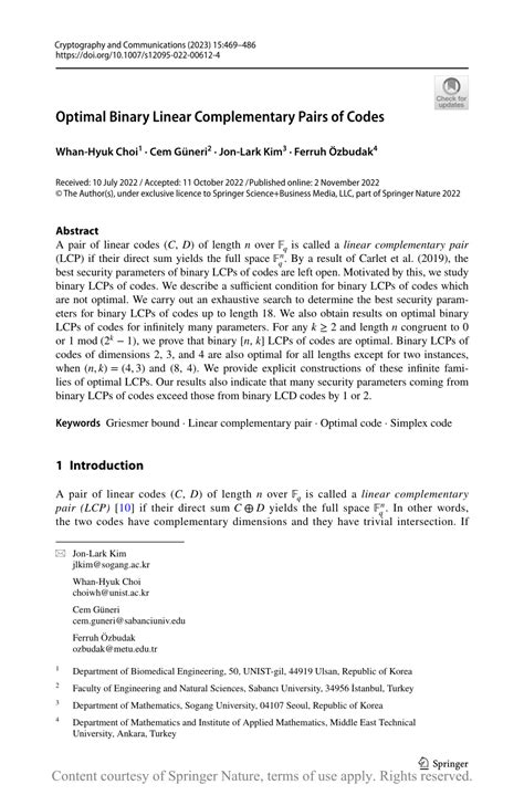 optimal binary linear complementary pairs of codes request pdf