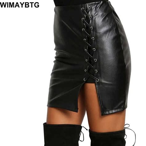 5xl Pu Leather Lace Up Skirts Women Autumn Bodycon High Waist Mini Skirt Female Sexy Criss Cross