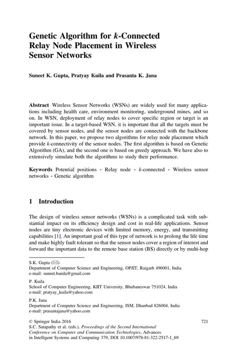pdf genetic algorithm for k connected relay node placement in wireless sensor networks
