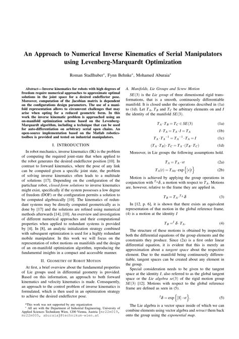 pdf an approach to numerical inverse kinematics of serial manipulators using levenberg