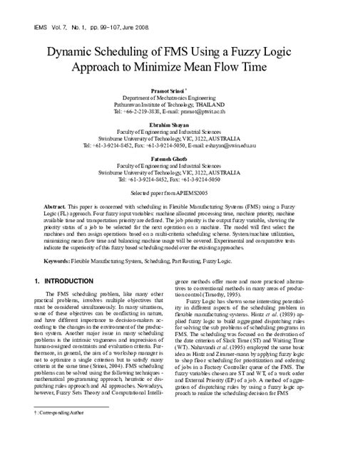 pdf dynamic scheduling of fms using a fuzzy logic approach to minimize mean flow time pramot
