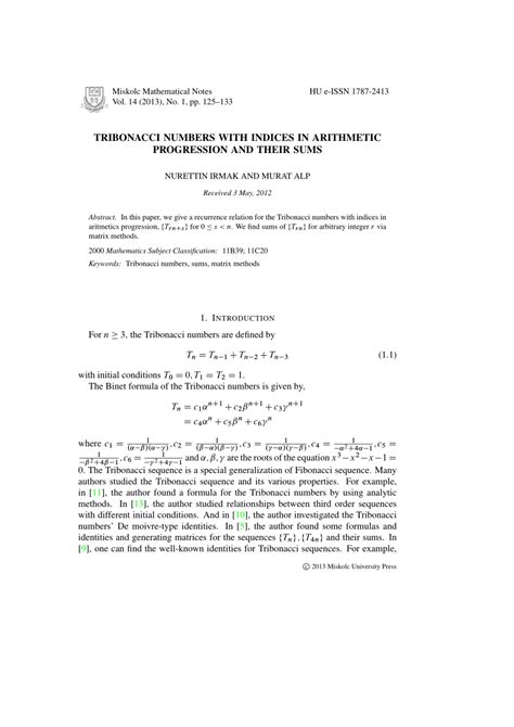 pdf tribonacci numbers with indices in arithmetic progression and their sums