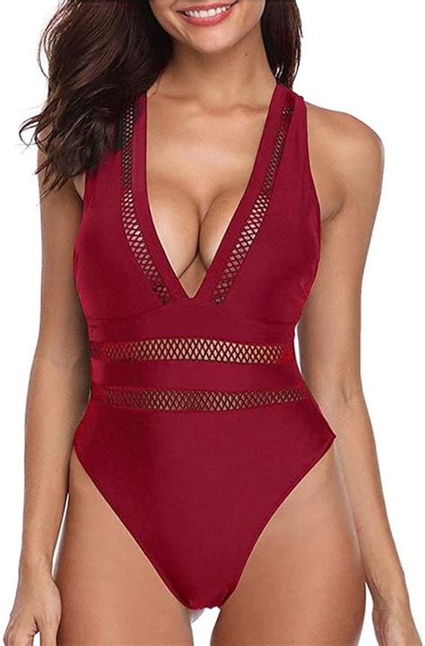 Brandymandy Women Halter Plunge V Neck One Piece Swimsuits Sexy Mesh Hollow Out Monokini Bathing