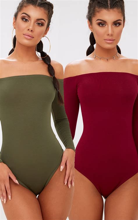 Khaki And Burgundy Bardot Longsleeve Thong Bodysuit Prettylittlething Ie