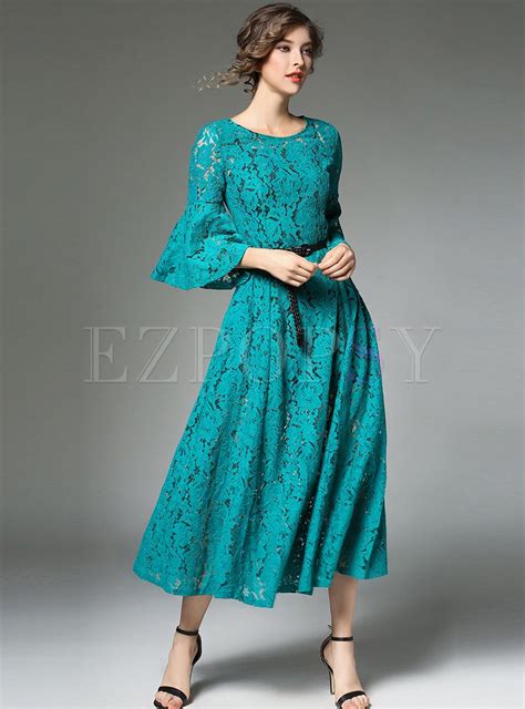 Elegant Lace Hollow Flare Sleeve Maxi Dress Casual Silk Dresses Maxi Dress With Sleeves Maxi