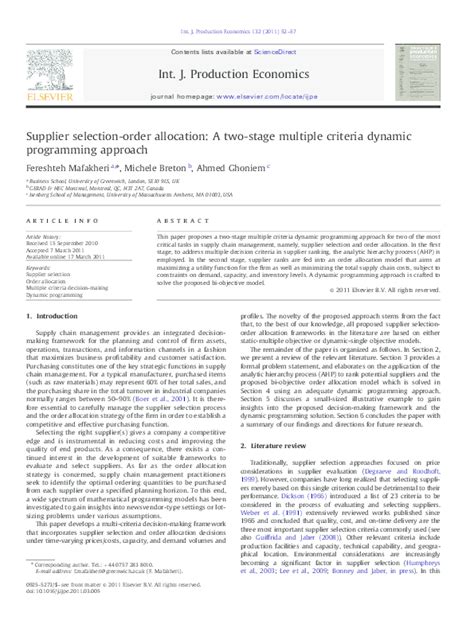 pdf supplier selection order allocation a two stage multiple criteria dynamic programming